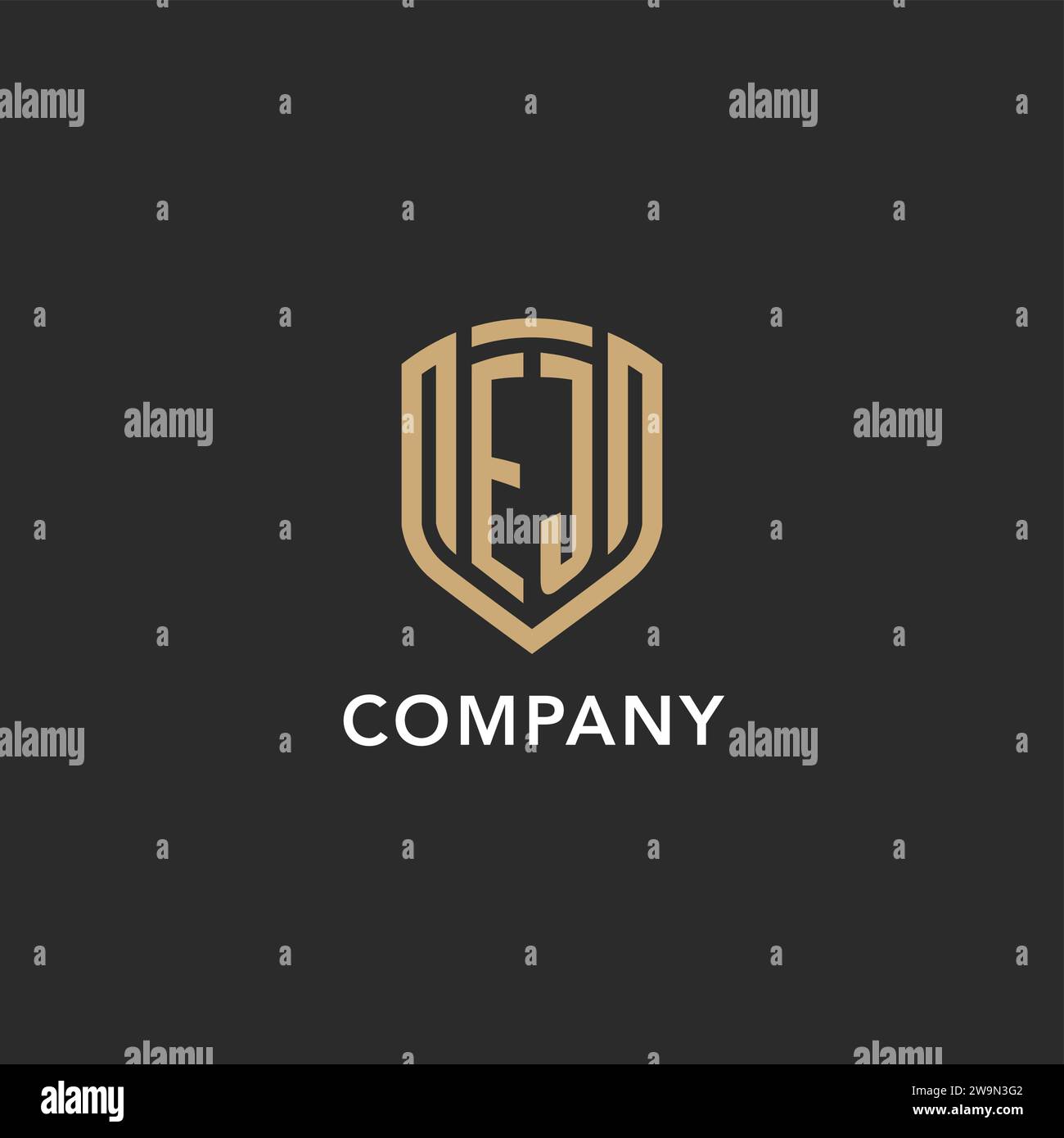 Luxury EJ logo monogram shield shape monoline style with gold color and dark background vector ...