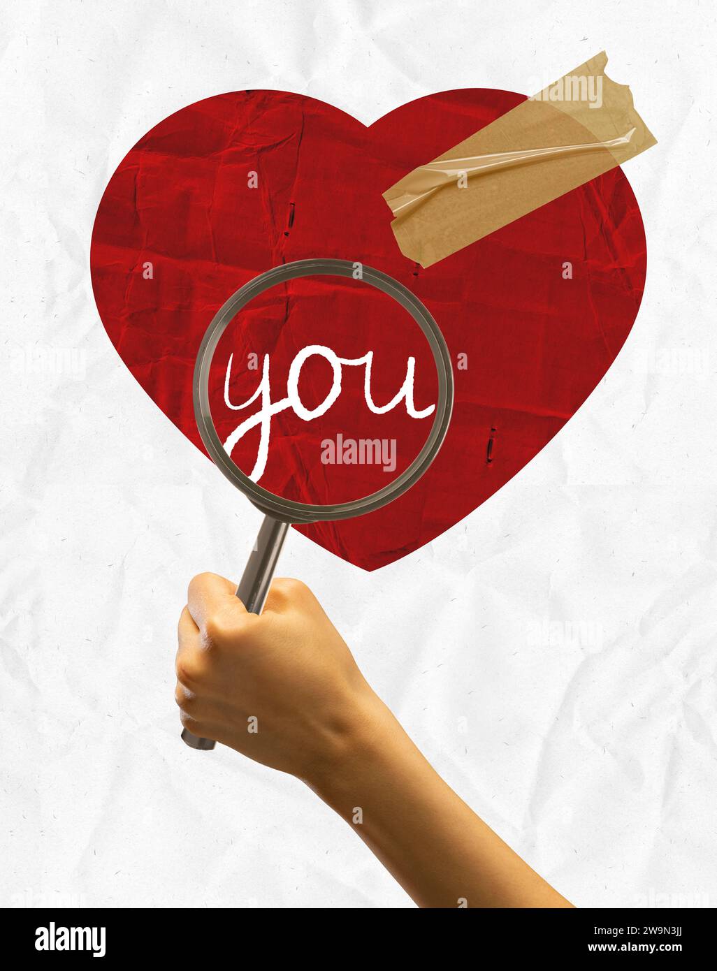 Poster. Contemporary art collage. Hand holding magnifying glass over ...
