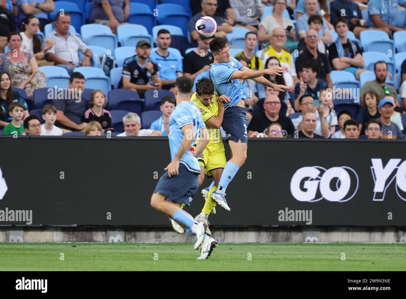 Sydney, Australia. 29th Dec, 2023. Joe Lolley of Sydney FC heads the ...