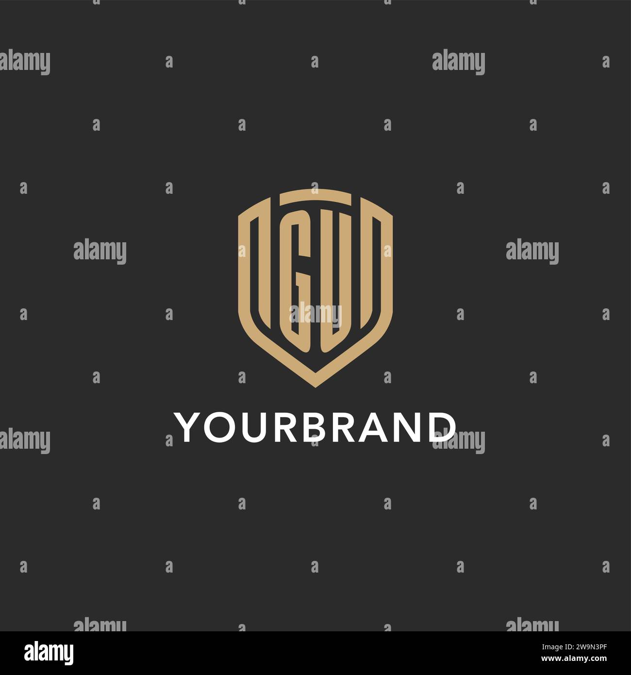 Luxury GU logo monogram shield shape monoline style with gold color and dark background vector ...
