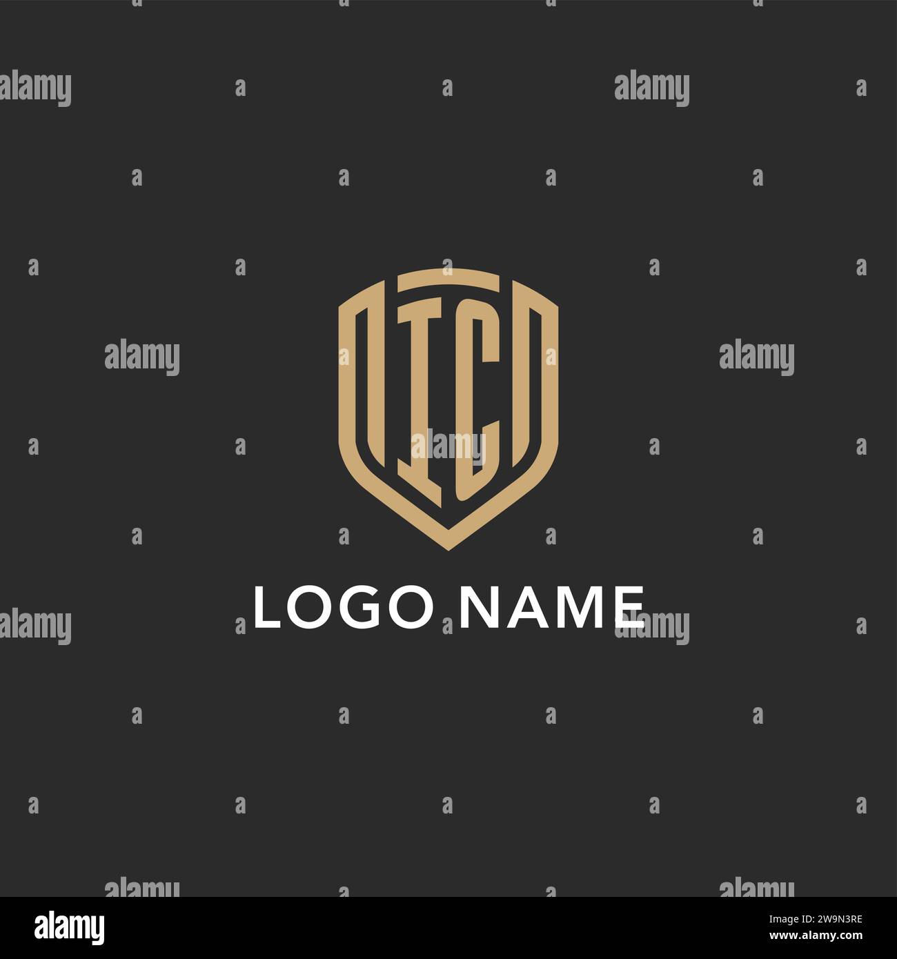 Luxury IC logo monogram shield shape monoline style with gold color and dark background vector ...