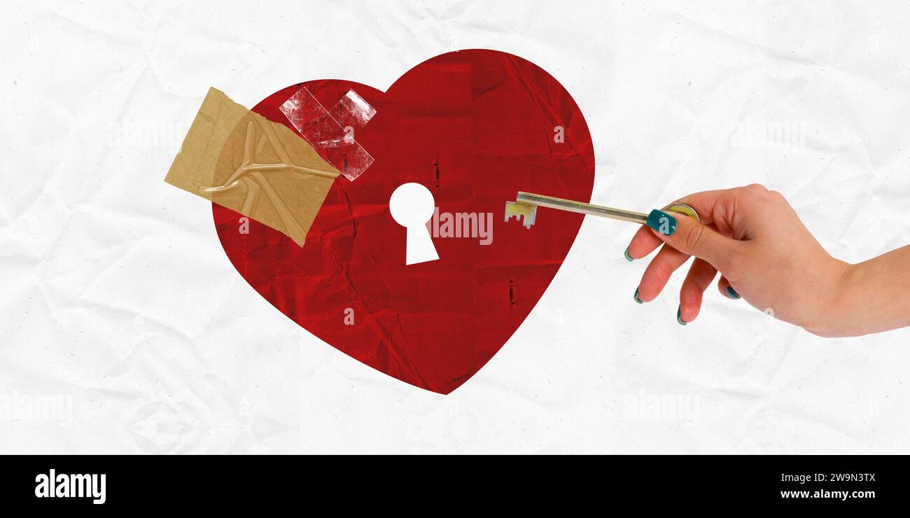 Poster. Contemporary art collage. Woman's hand holding key in front of ...