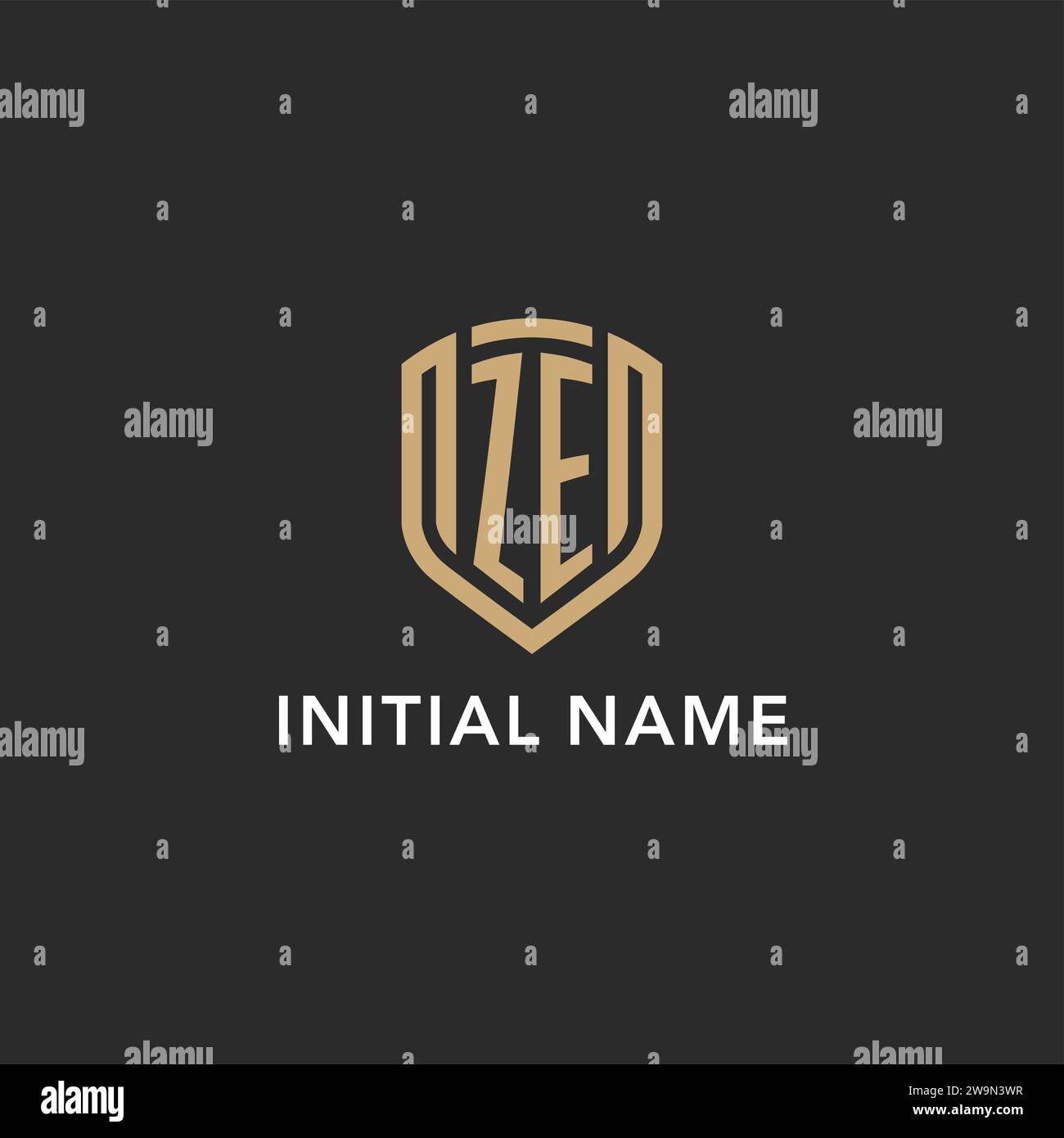 Luxury ZE logo monogram shield shape monoline style with gold color and dark background vector ...