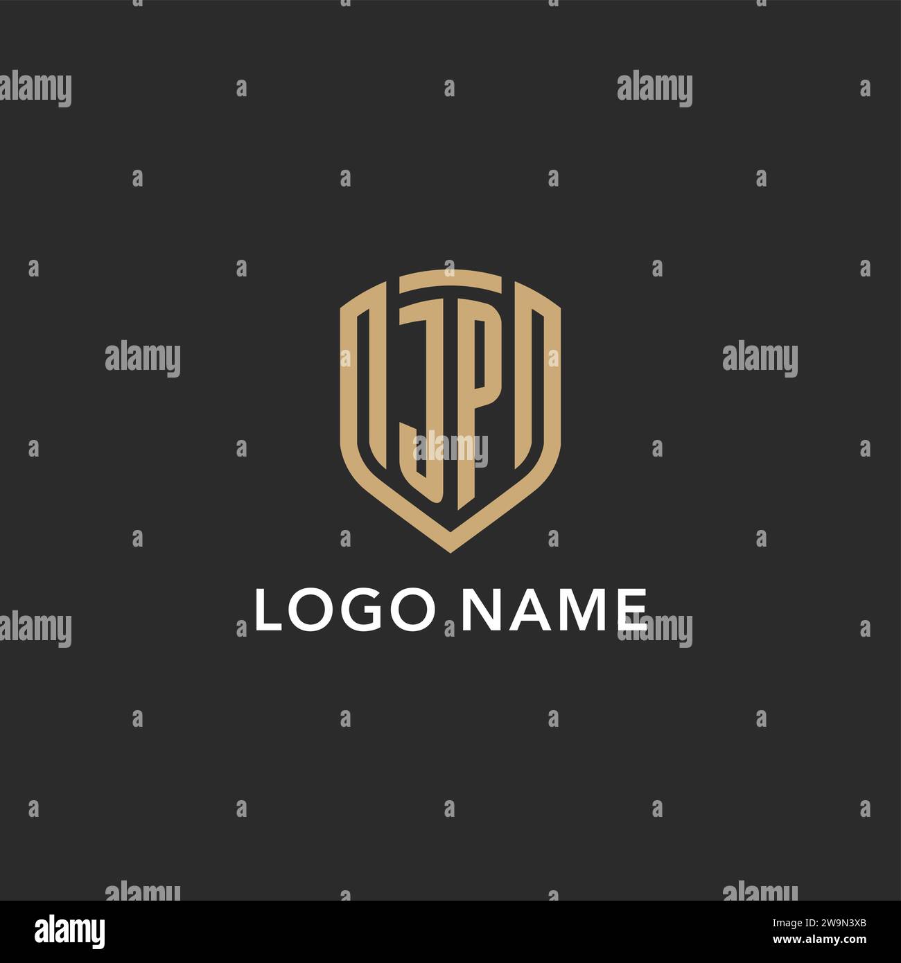 Luxury JP logo monogram shield shape monoline style with gold color and ...