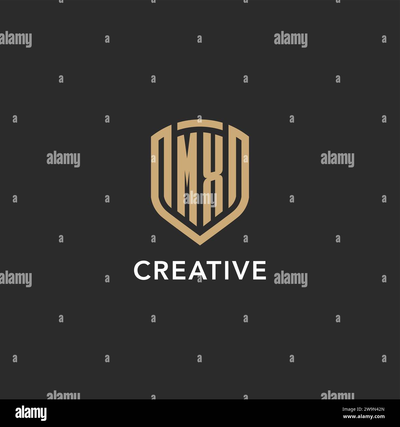 Luxury MX logo monogram shield shape monoline style with gold color and dark background vector ...