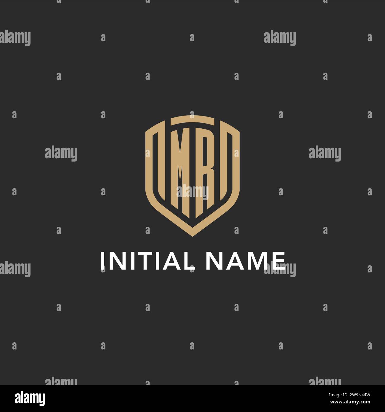 Luxury MR logo monogram shield shape monoline style with gold color and dark background vector ...