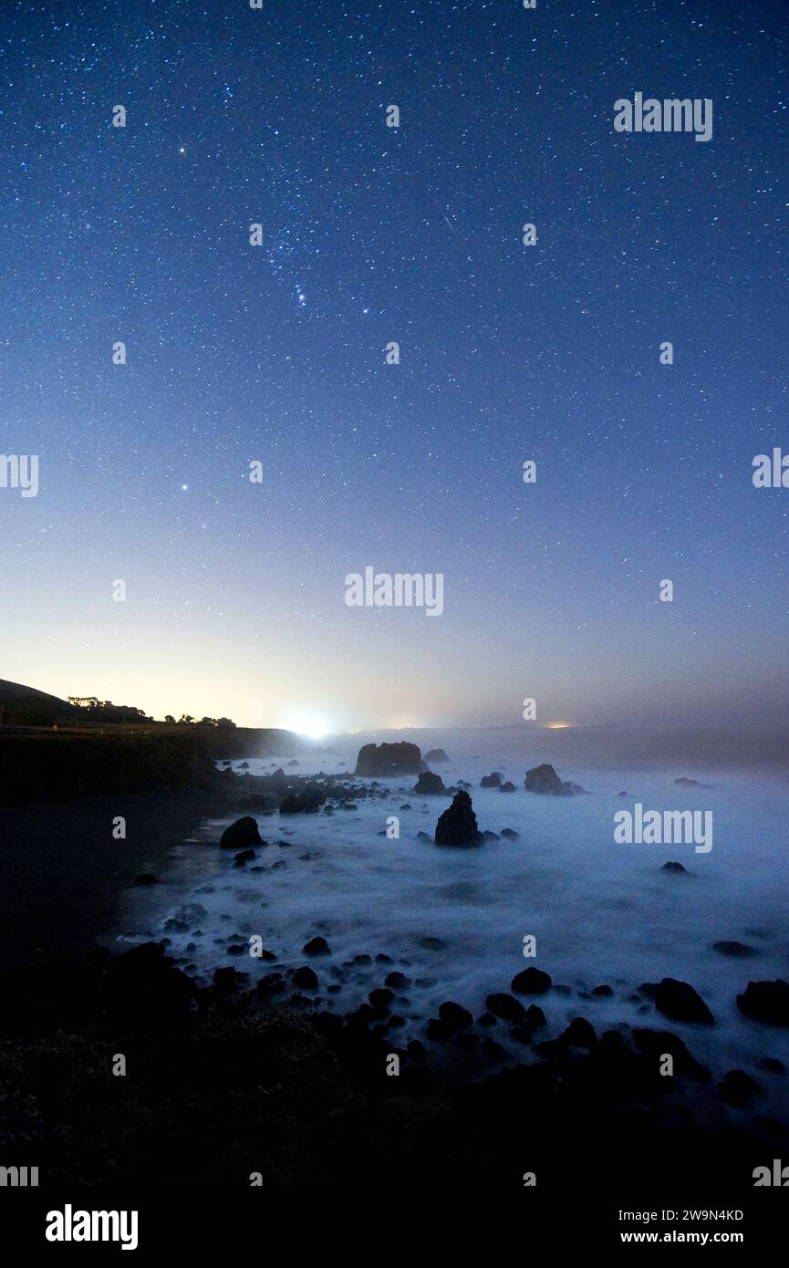 Looking south down the rugged Sonoma coast toward Bodega Bay at night ...