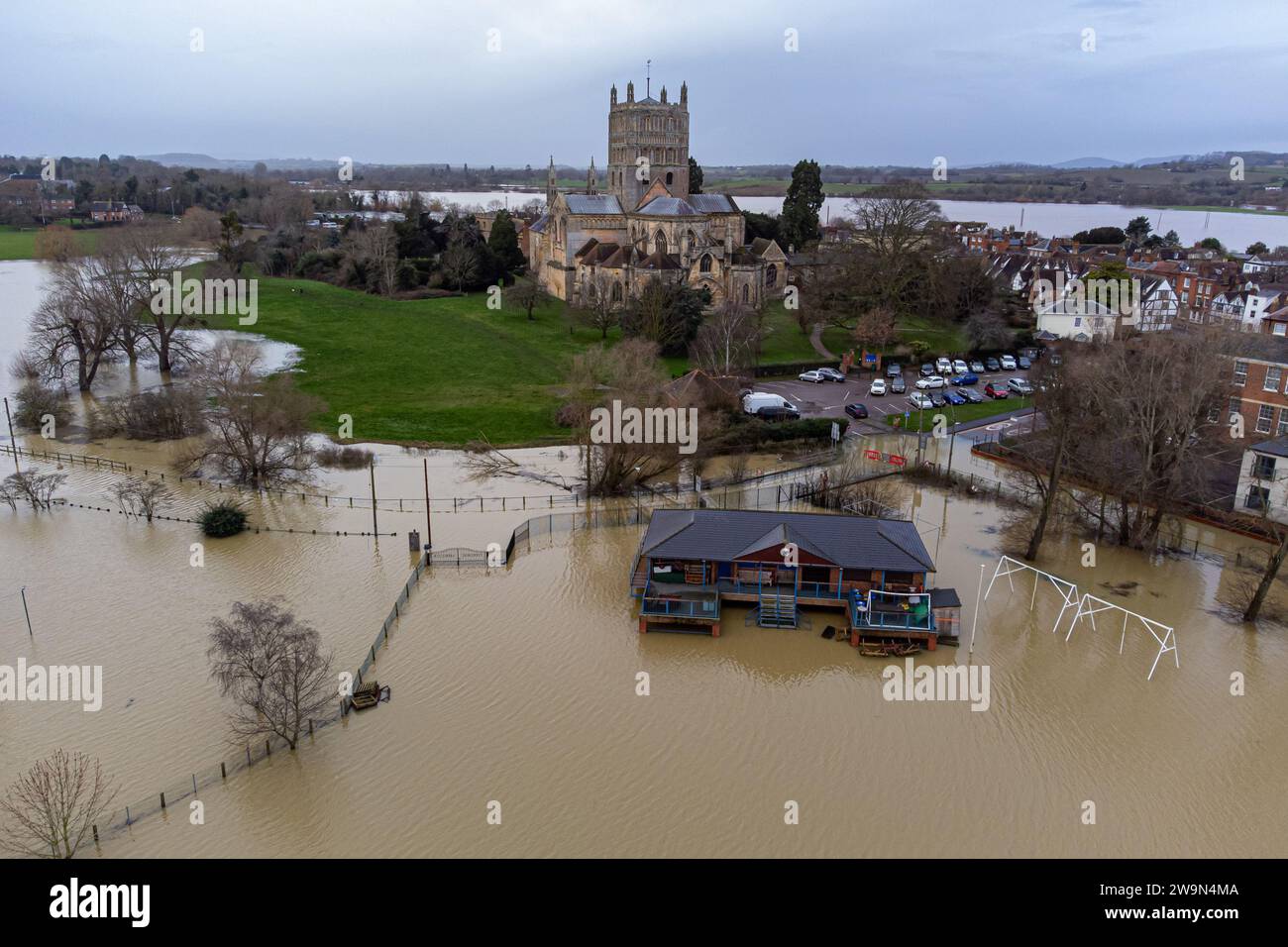 Flooding around Tewkesbury Abbey and the cricket club after heavy rain ...