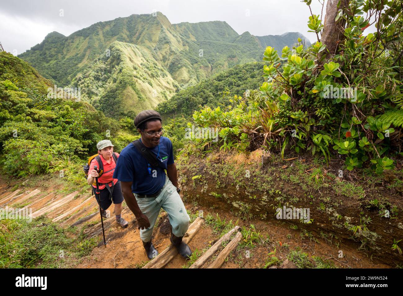 A woman and her guide hike the trail to Boiling Lake in the Morne Trois ...