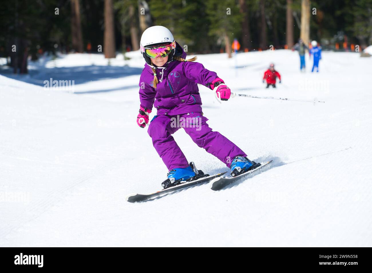 A young skier carves a turn on a groomed run at Kirkwood Mountain ...