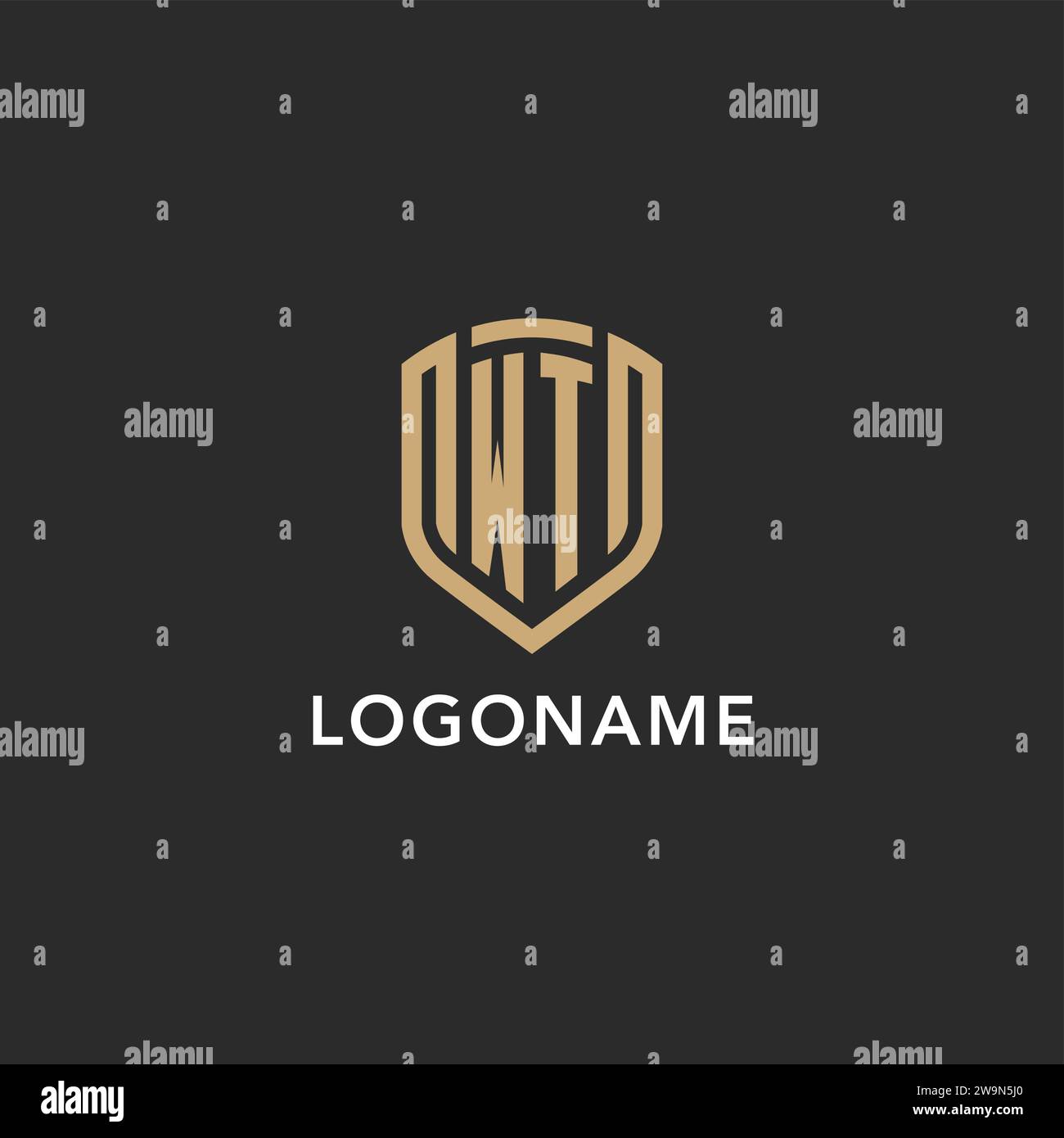 Luxury WT logo monogram shield shape monoline style with gold color and dark background vector ...