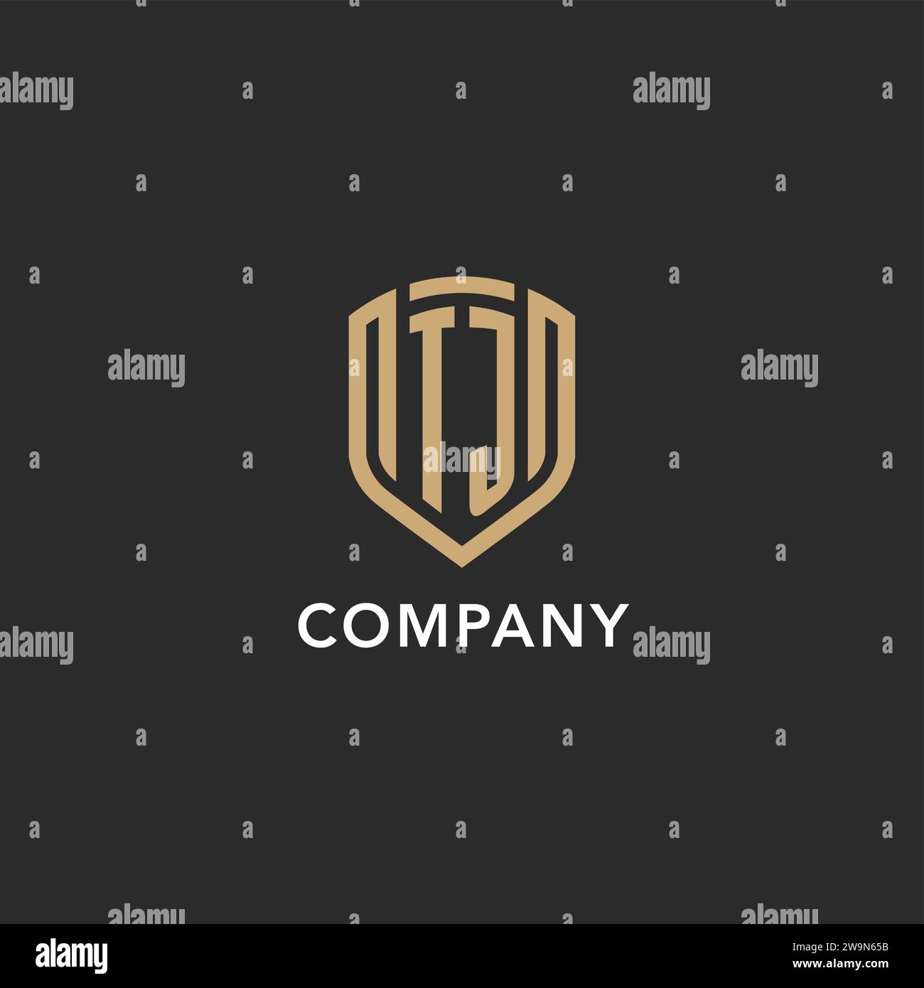 Luxury TJ logo monogram shield shape monoline style with gold color and dark background vector ...