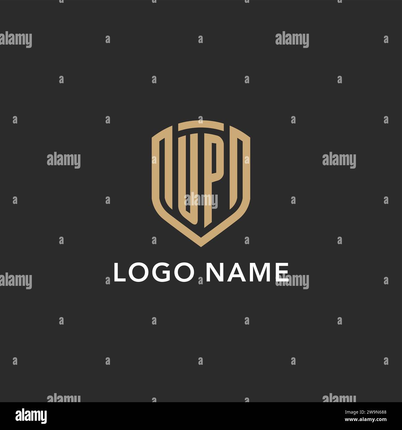 Luxury UP logo monogram shield shape monoline style with gold color and ...