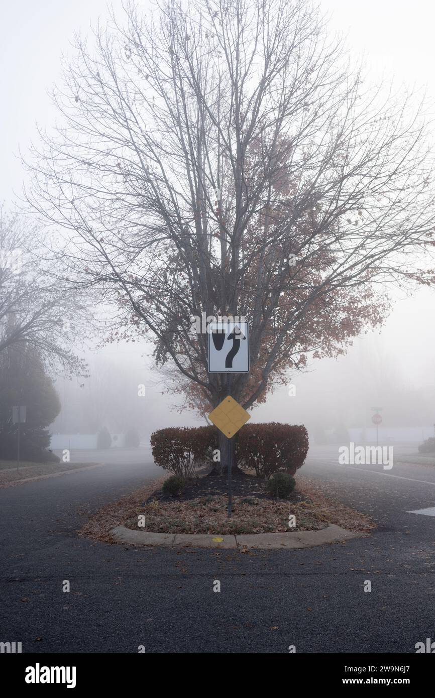 Street signs in neighborhood median on a foggy fall morning Stock Photo ...