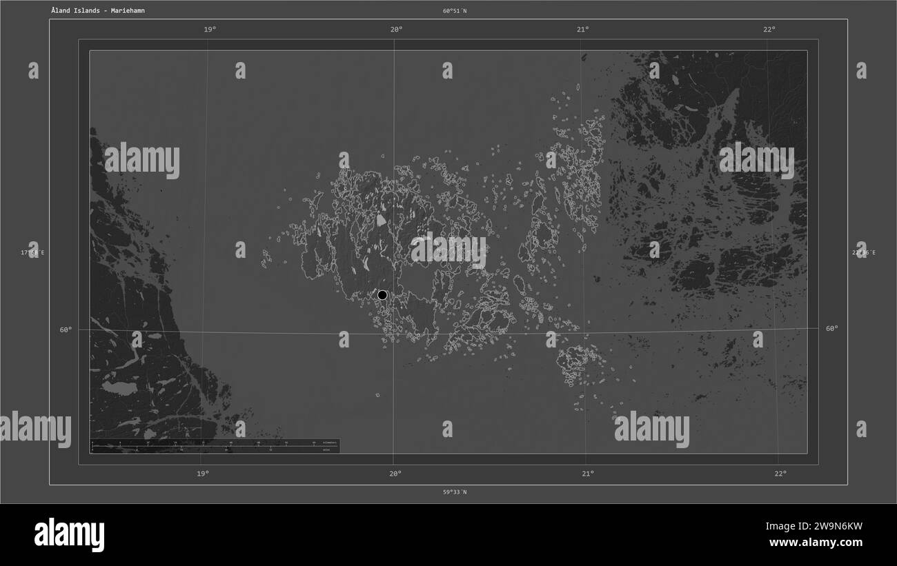 Aland Islands highlighted on a Bilevel elevation map with lakes and rivers map with the country ...