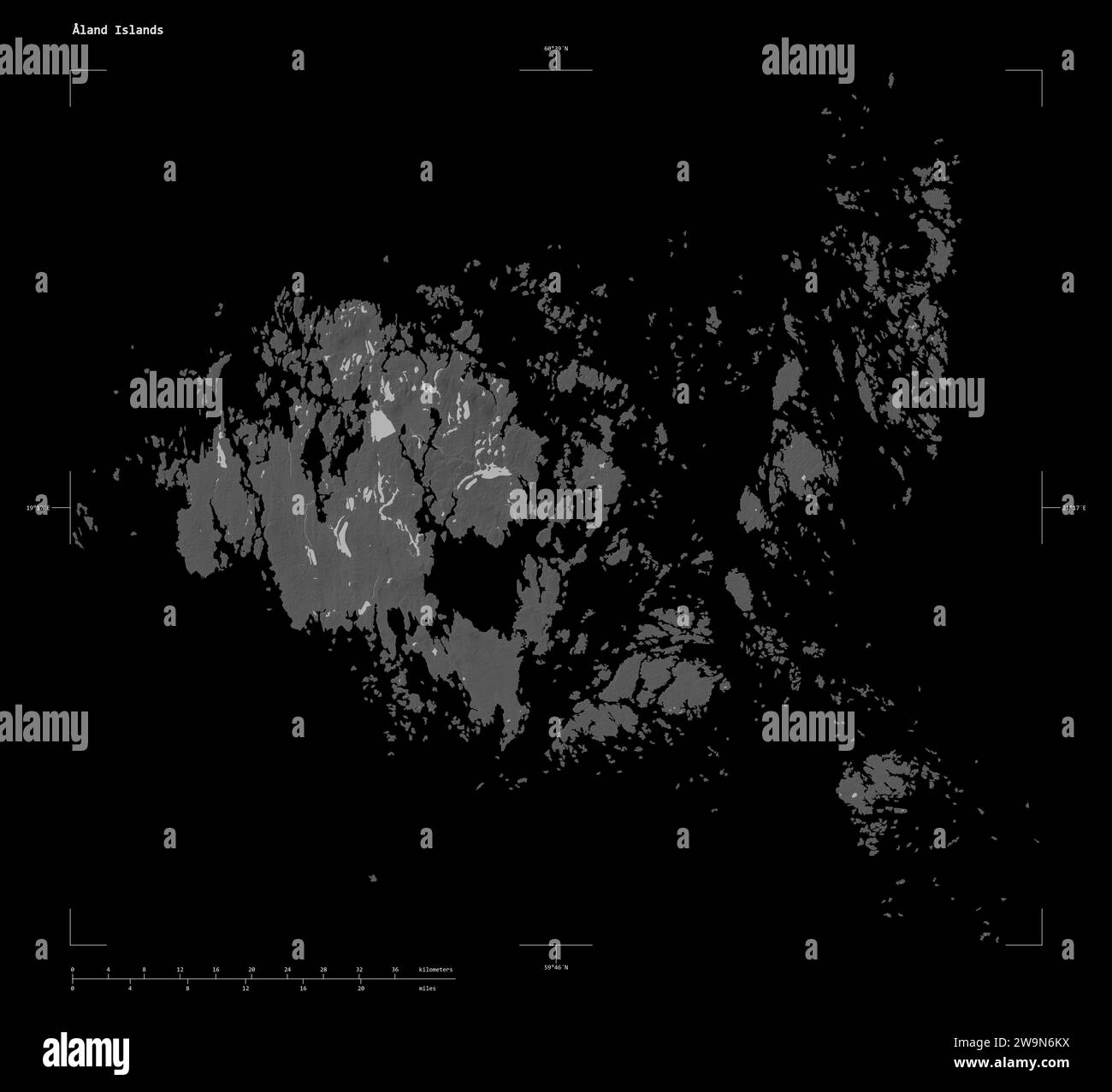 Shape of a Grayscale elevation map with lakes and rivers of the Aland ...