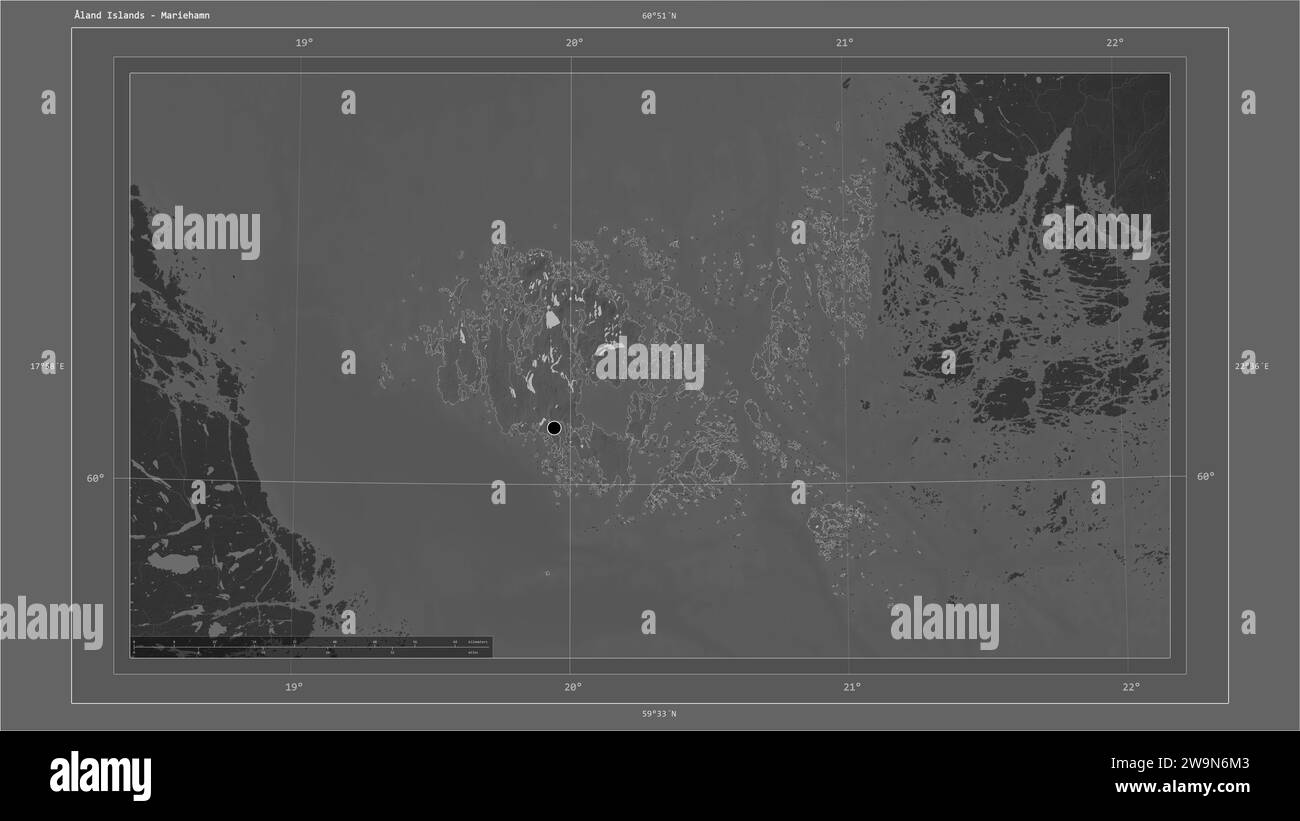 Aland Islands highlighted on a Grayscale elevation map with lakes and ...