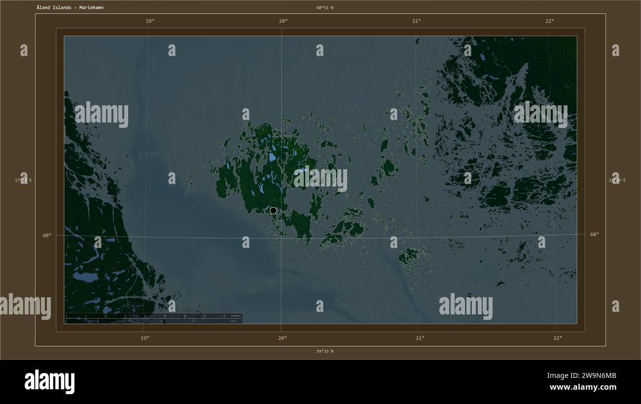 Aland Islands highlighted on a Colored elevation map with lakes and rivers map with the country ...