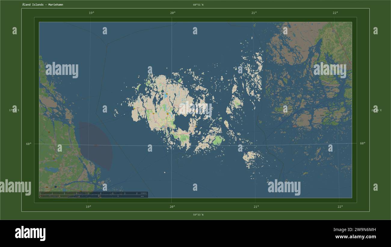 Aland Islands highlighted on a topographic, OSM Germany style map map with the country's capital ...