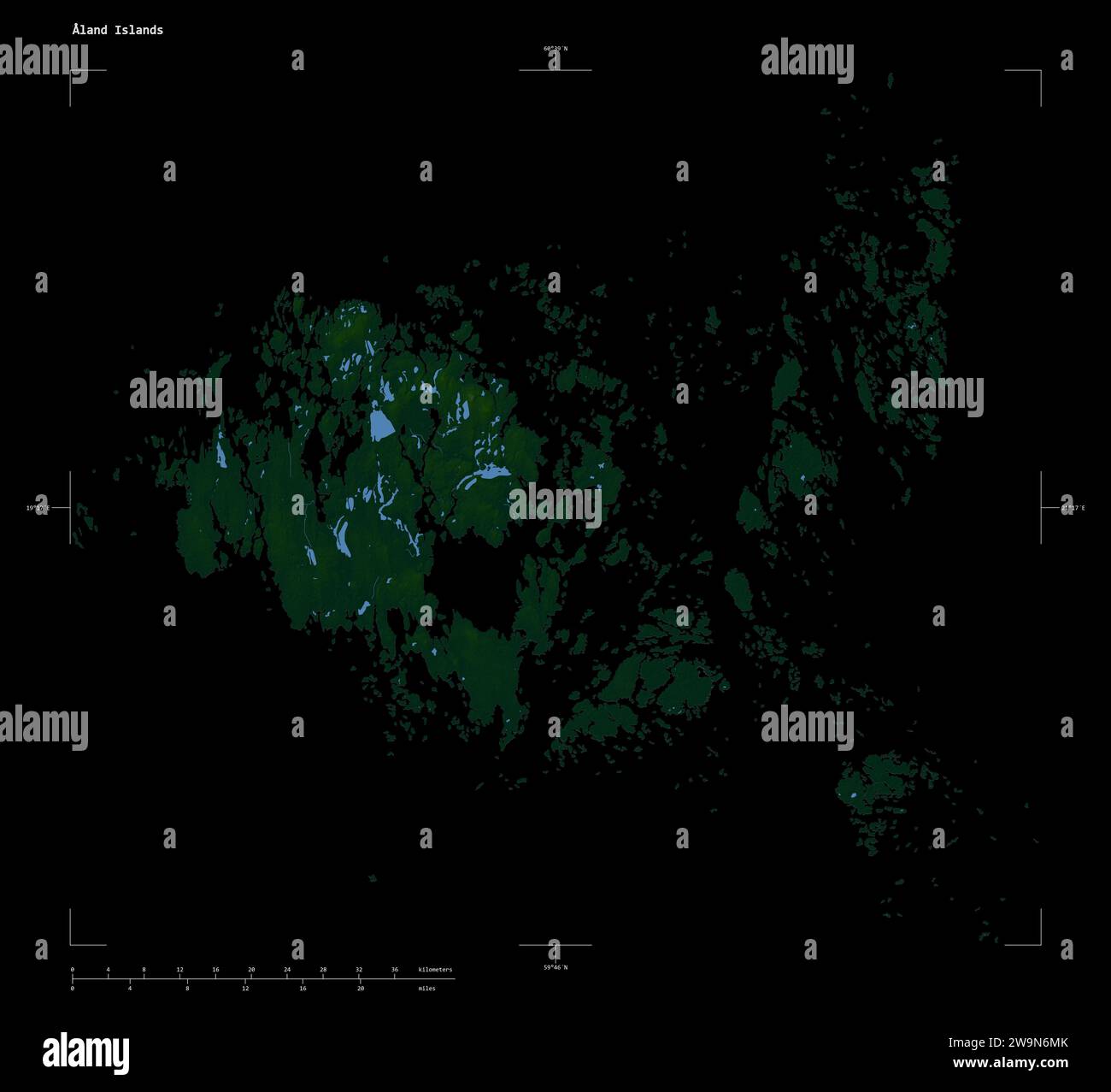 Shape of a Colored elevation map with lakes and rivers of the Aland Islands, with distance scale ...