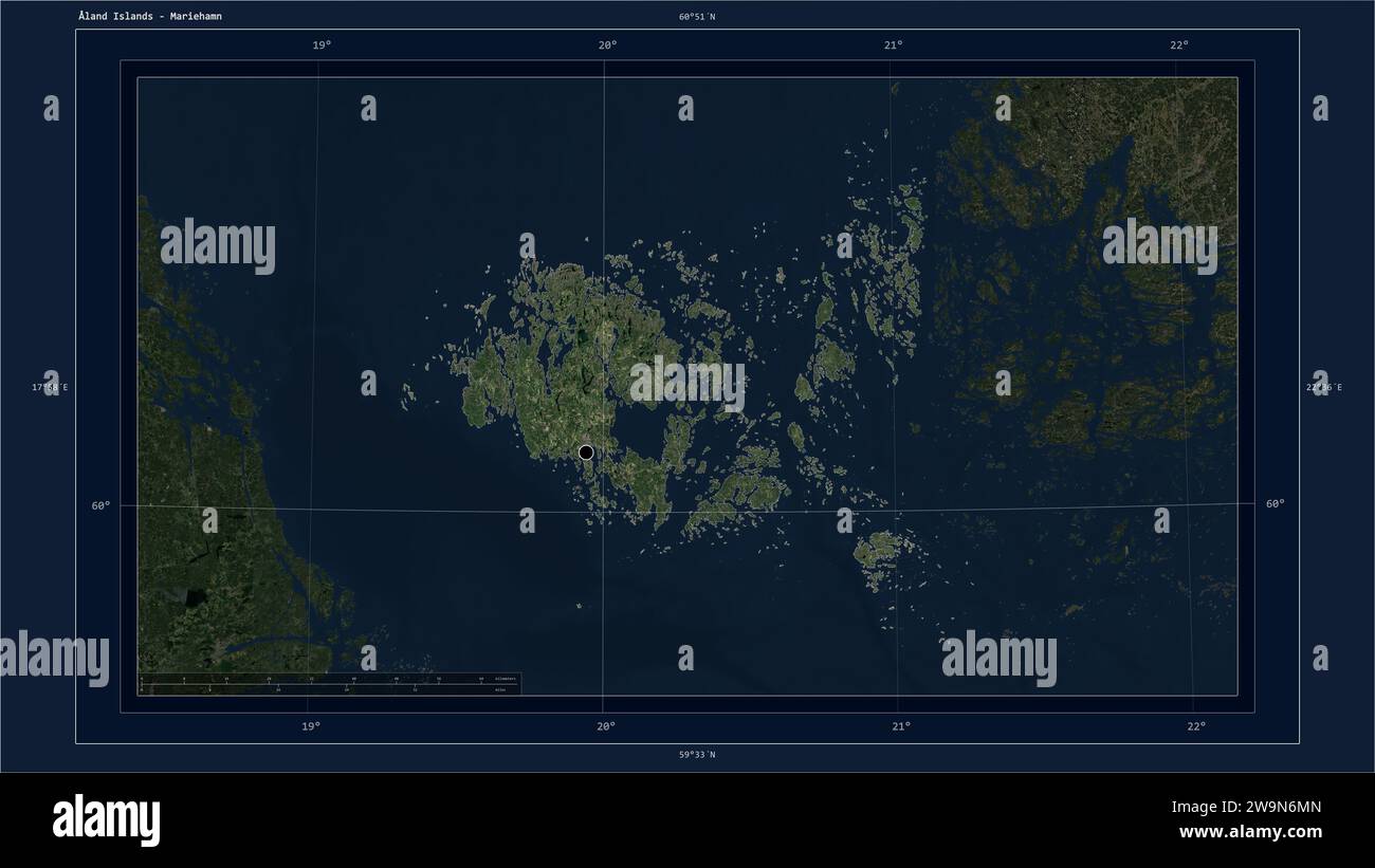 Aland Islands highlighted on a low resolution satellite map map with the country's capital point ...