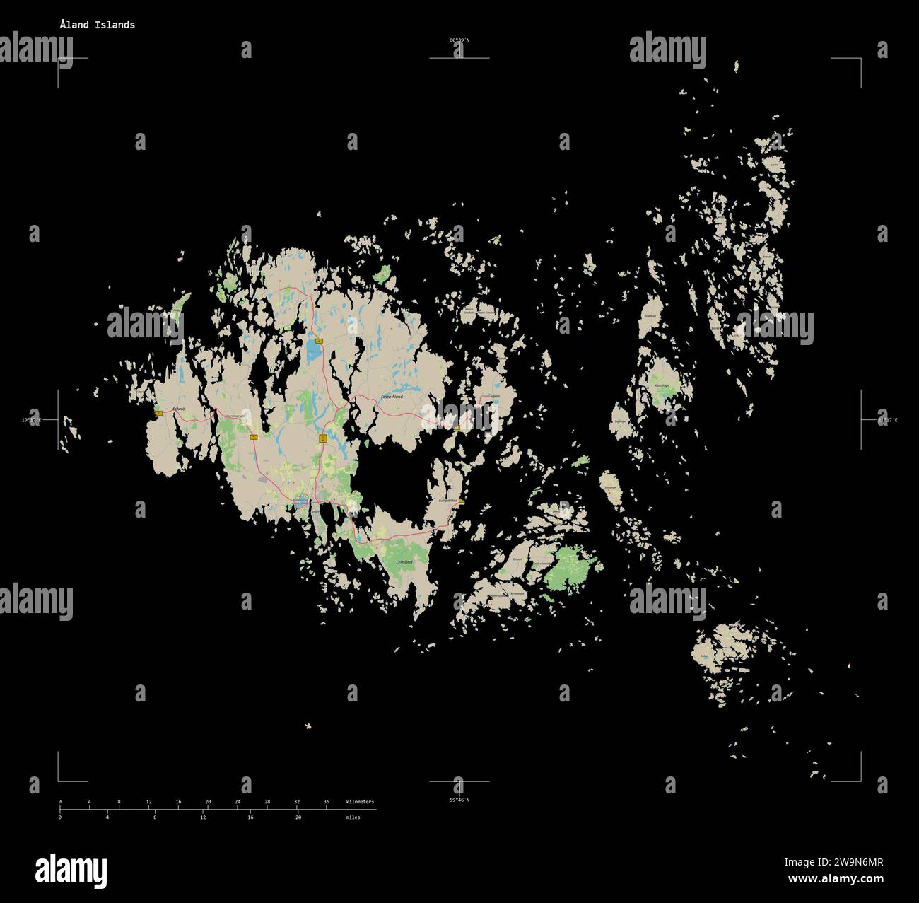 Shape of a topographic, OSM Germany style map of the Aland Islands, with distance scale and map ...