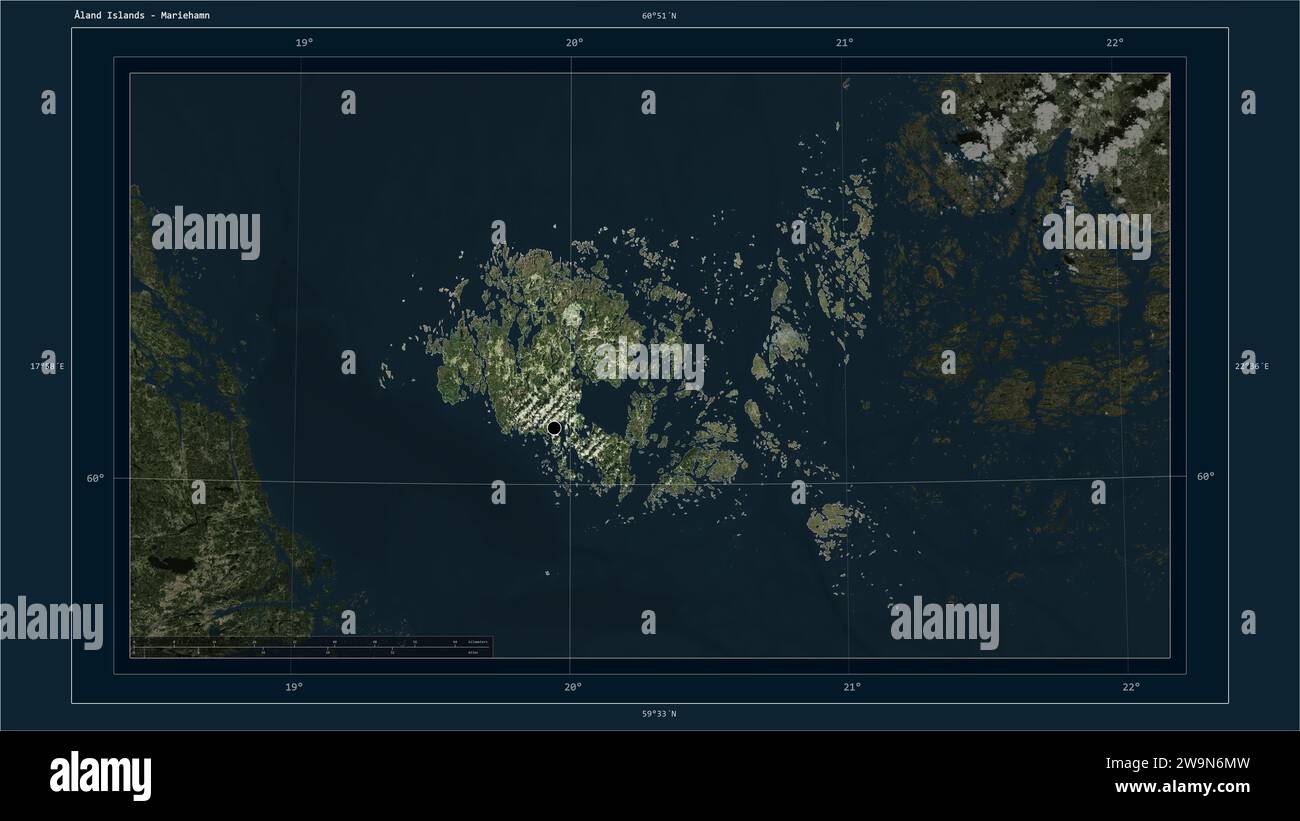 Aland Islands highlighted on a high resolution satellite map map with the country's capital ...
