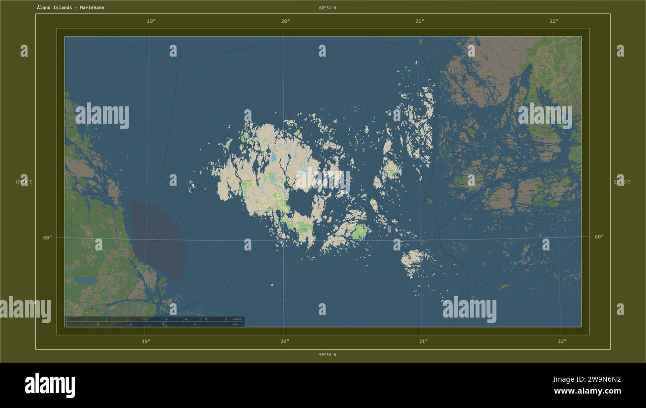 Aland Islands highlighted on a topographic, OSM standard style map map with the country's ...