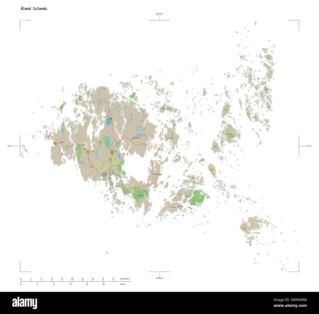 Shape of a topographic, OSM Germany style map of the Aland Islands, with distance scale and map ...