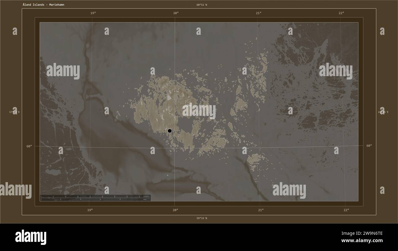 Aland Islands highlighted on a elevation map colored in sepia tones with lakes and rivers map ...