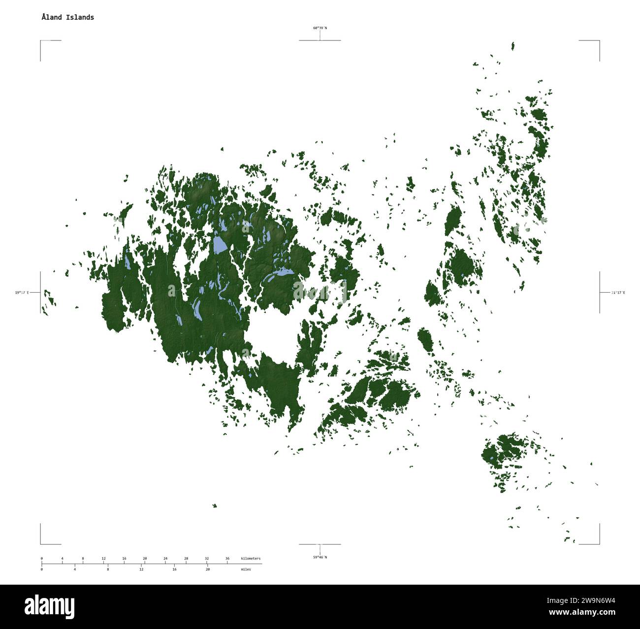 Shape of a Pale colored elevation map with lakes and rivers of the Aland Islands, with distance ...