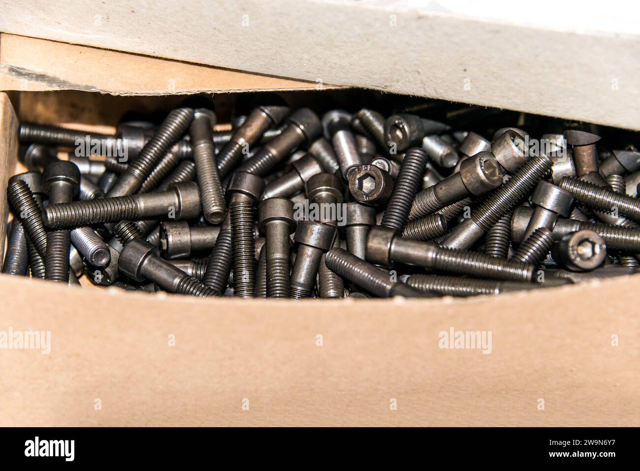 Cardboard box with small construction storage compartments filled with ...