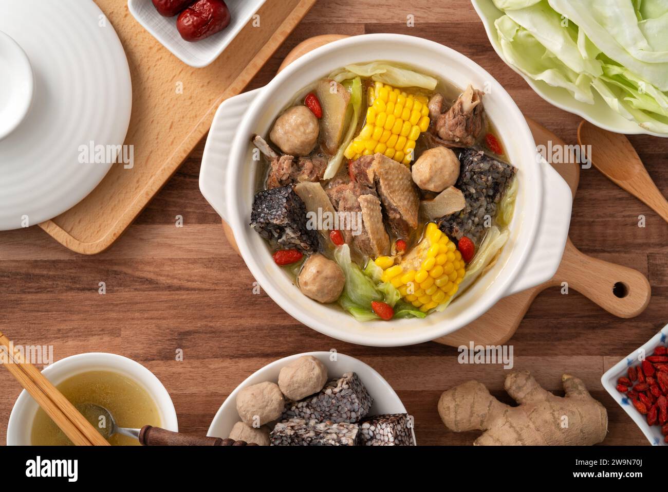 Delicious ginger duck stew hot pot soup with fresh vegetables in Taiwan ...