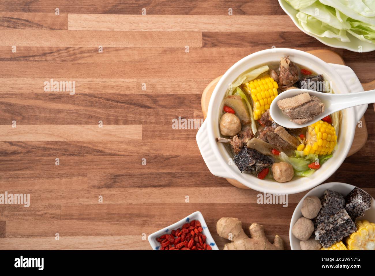 Delicious ginger duck stew hot pot soup with fresh vegetables in Taiwan ...