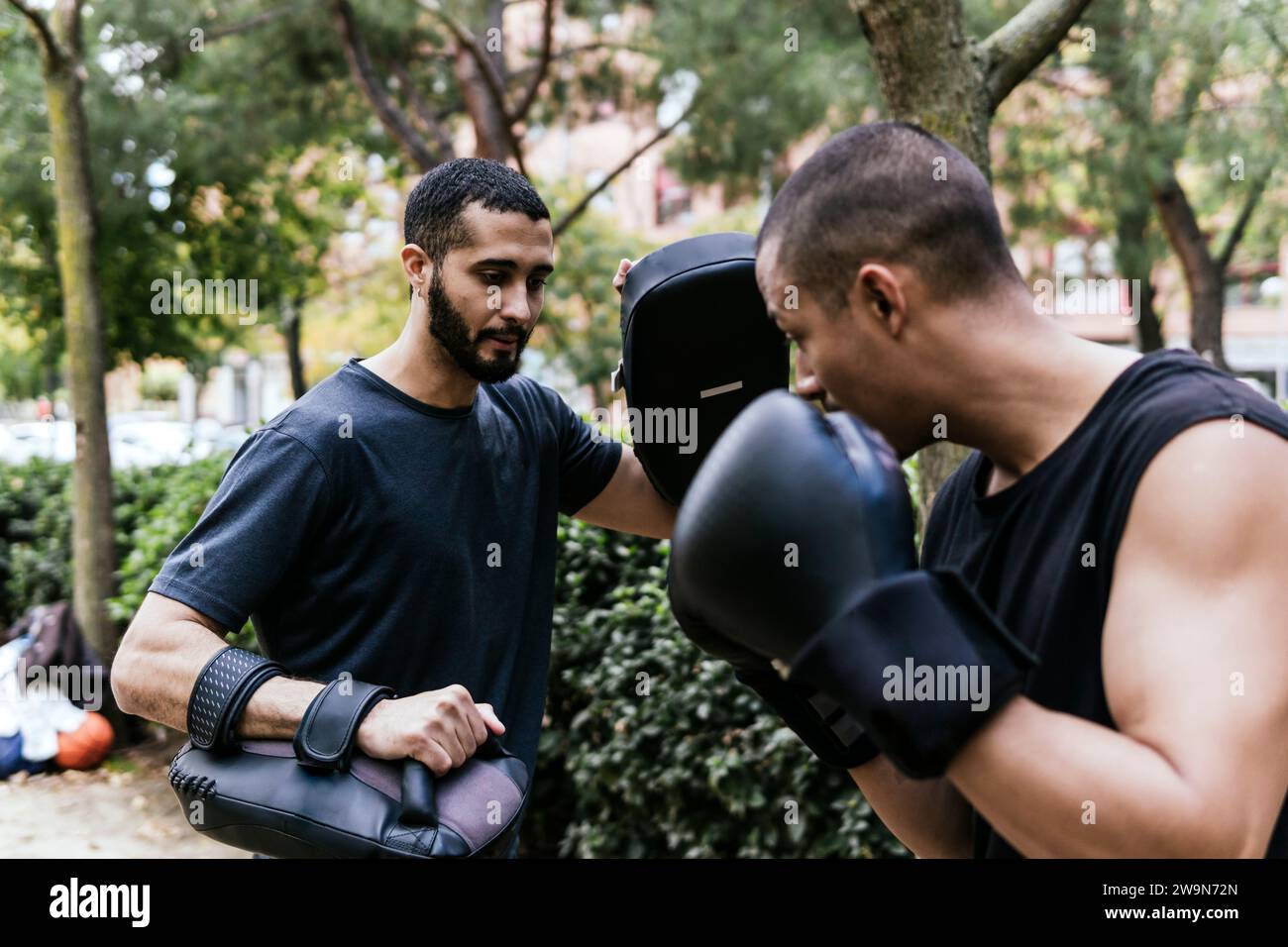 two people practicing wrestling in a park Stock Photo - Alamy