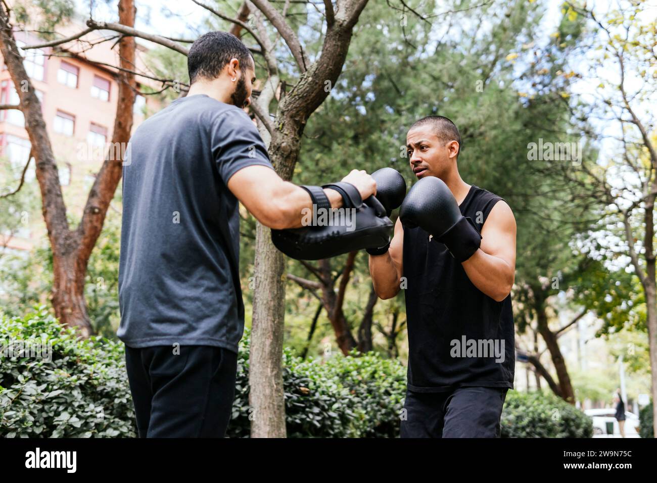 two multiracial men practicing fighting and defending themselves Stock ...