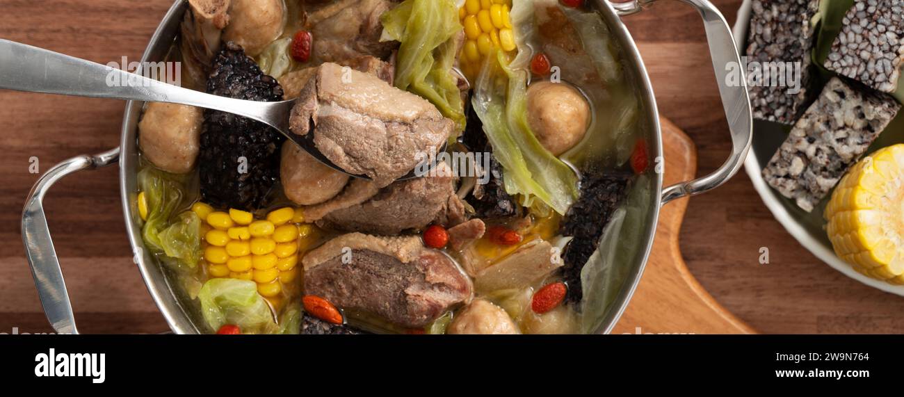 Delicious ginger duck stew hot pot soup with fresh vegetables in Taiwan ...
