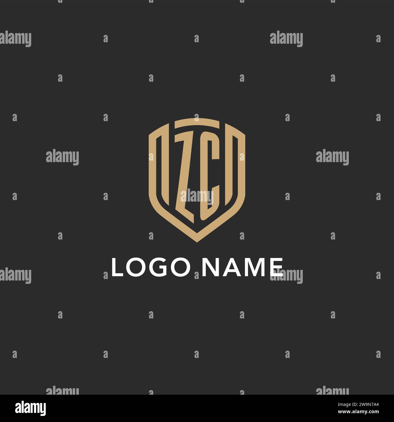 Luxury ZC logo monogram shield shape monoline style with gold color and dark background vector ...