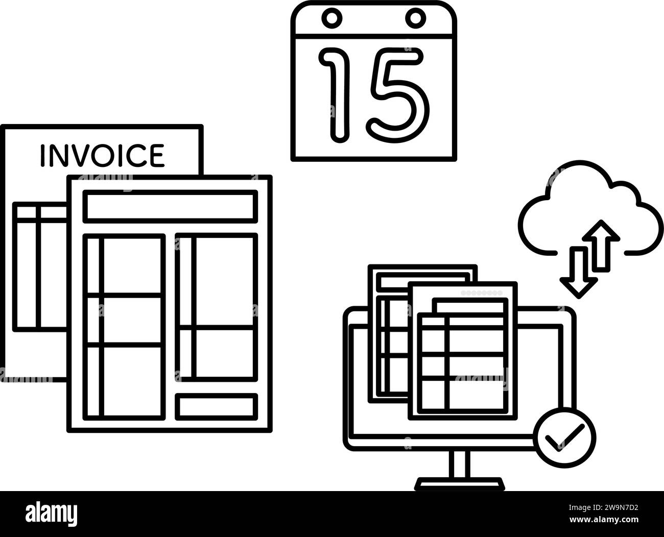 Simple line-drawing icons that evoke the image of online tax return ...