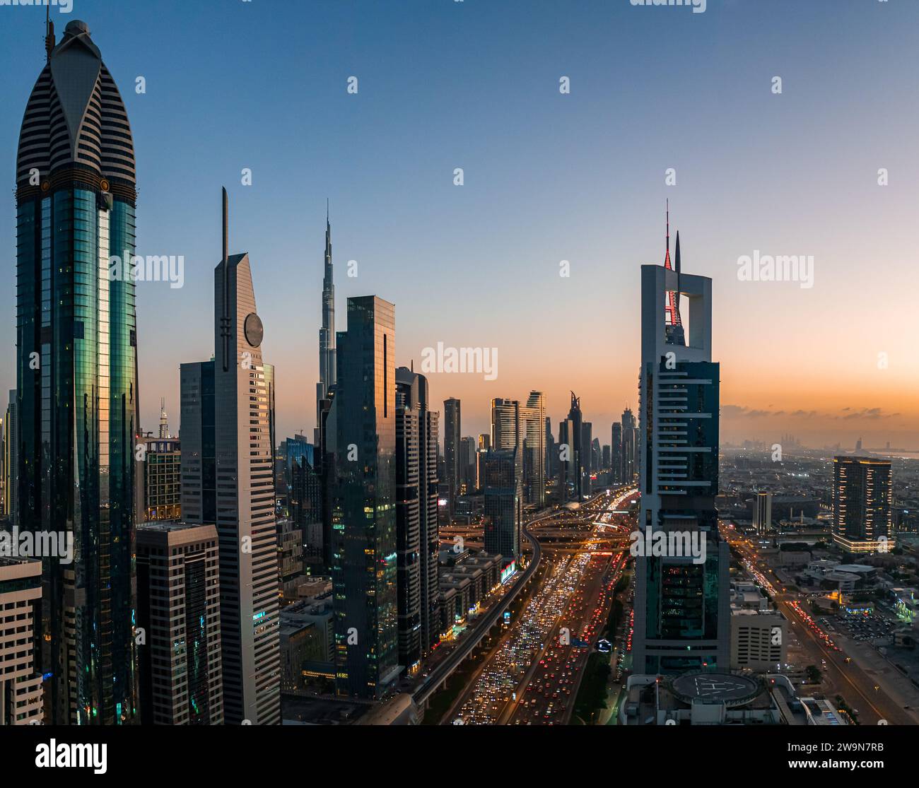 High view point of Sheikh Zayed road in rush hour, Dubai, at dusk with ...
