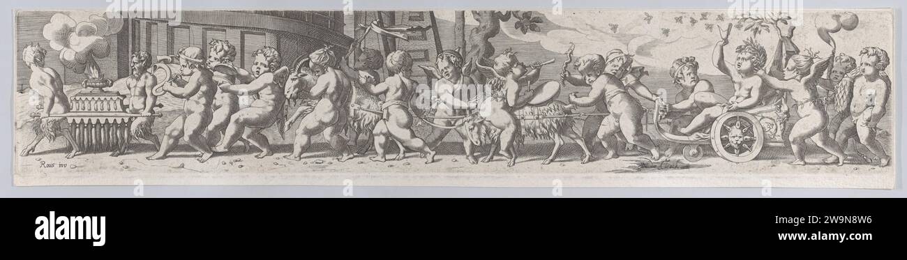 The triumph of the infant Bacchus, who is being pulled along in a ...