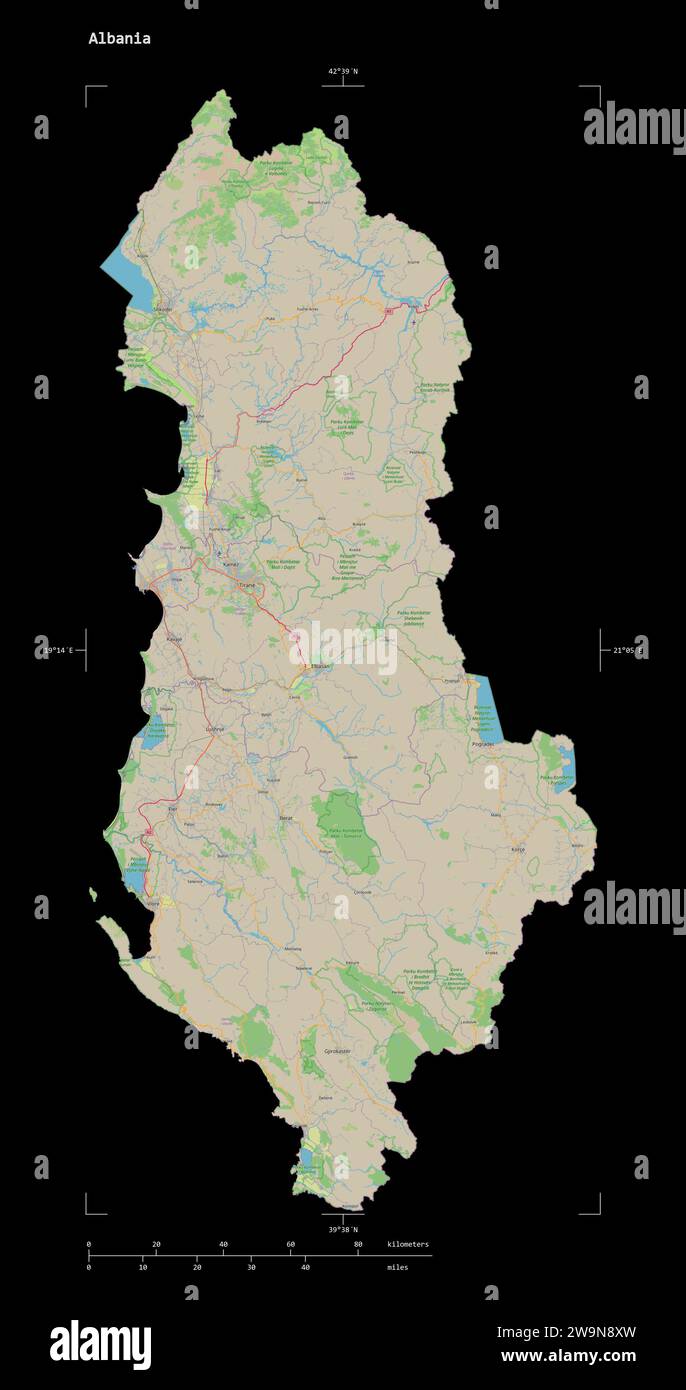 Shape of a topographic, OSM standard style map of the Albania, with ...
