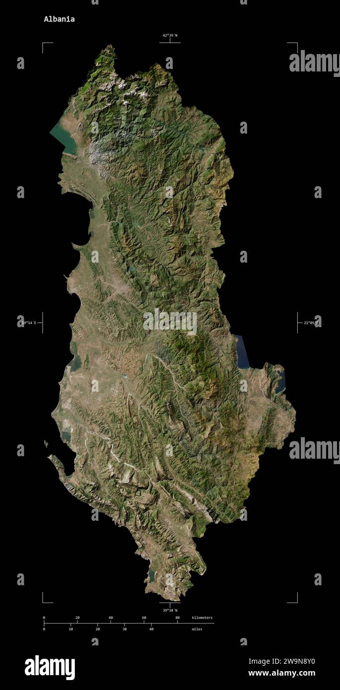 Shape of a low resolution satellite map of the Albania, with distance ...
