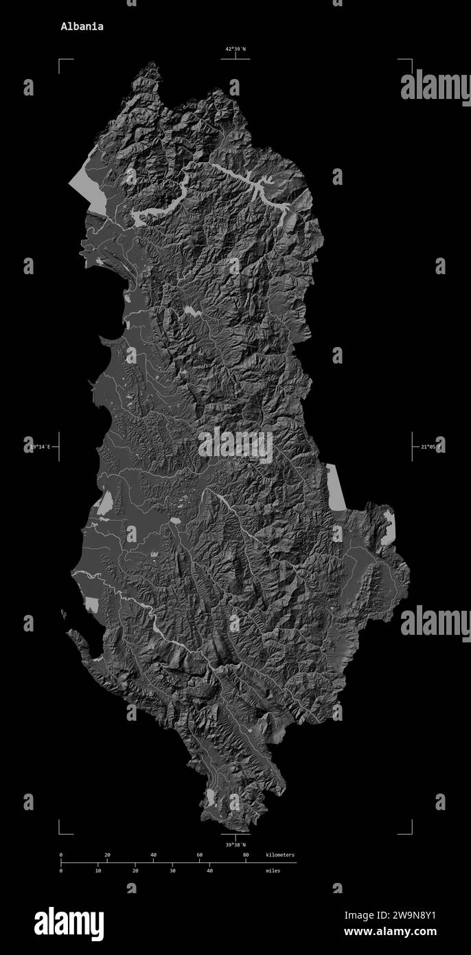 Shape of a Bilevel elevation map with lakes and rivers of the Albania ...
