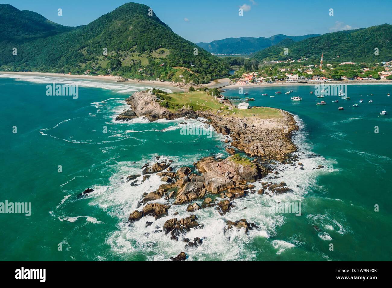 Rocky ocean Coastline, beach and ocean with waves in Brazil. Aerial ...