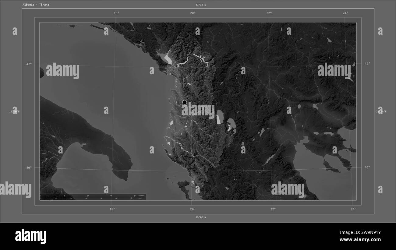 Albania highlighted on a Grayscale elevation map with lakes and rivers map with the country's ...