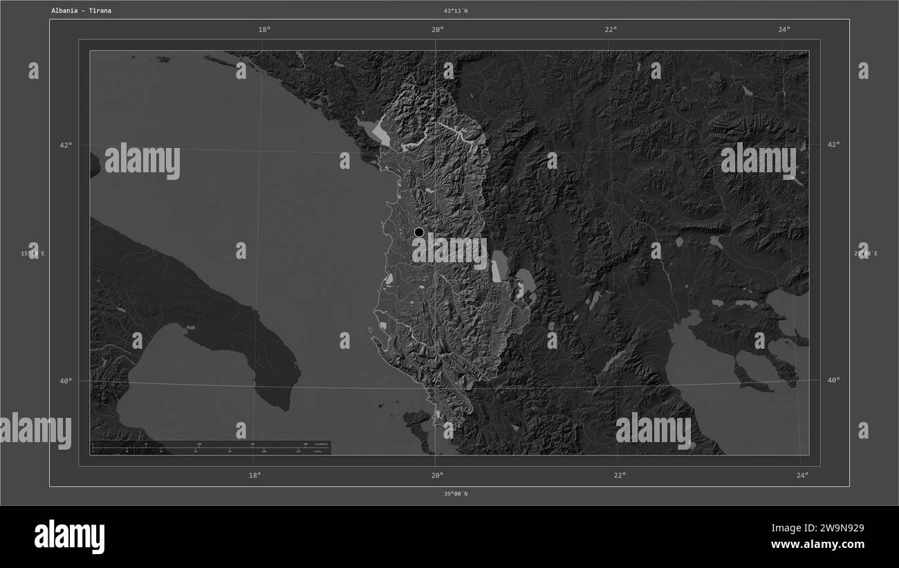 Albania highlighted on a Bilevel elevation map with lakes and rivers map with the country's ...