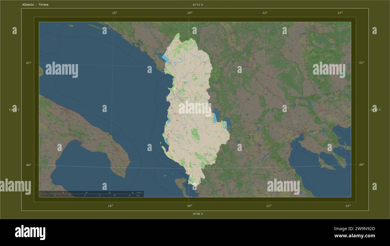 Albania highlighted on a topographic, OSM standard style map map with the country's capital ...