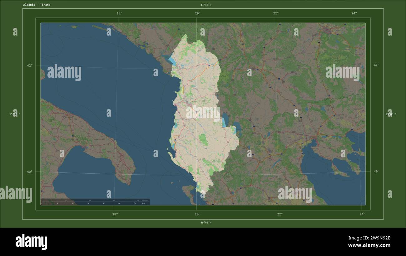 Albania highlighted on a topographic, OSM Germany style map map with ...