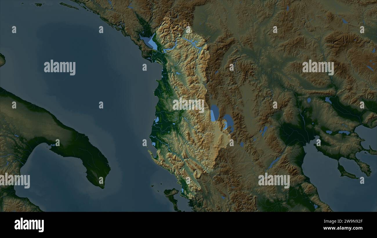 Albania highlighted on a Colored elevation map with lakes and rivers Stock Photo - Alamy